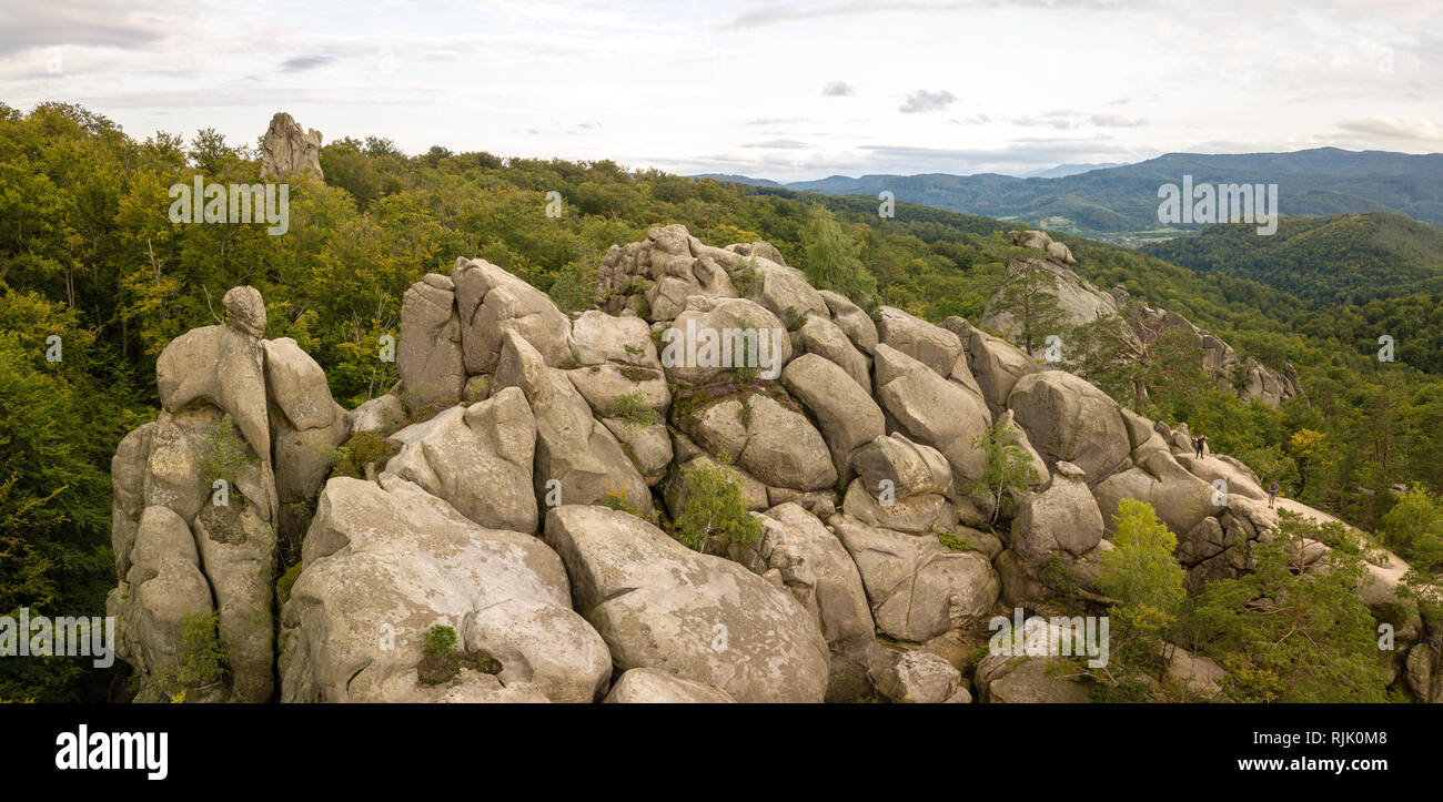 Aerial view to Dovbush Rocks in Bubnyshche - a legendary place, the ...
