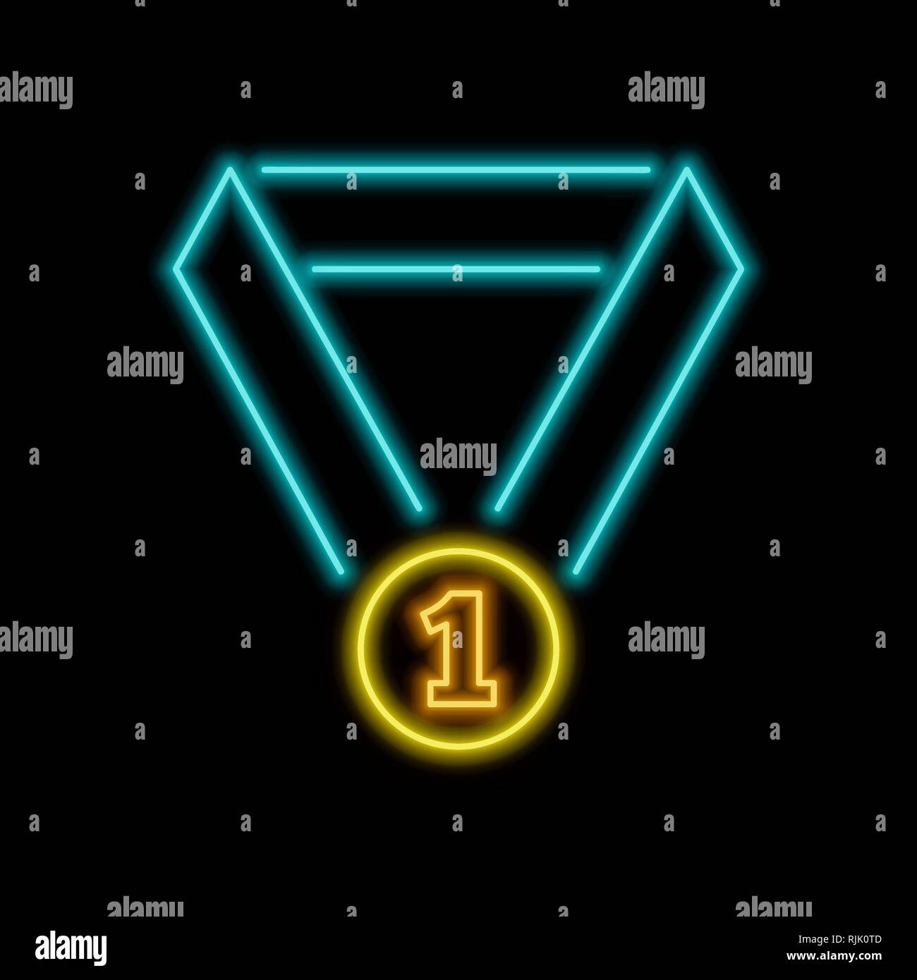 First place medal neon sign. Bright glowing symbol on a black ...