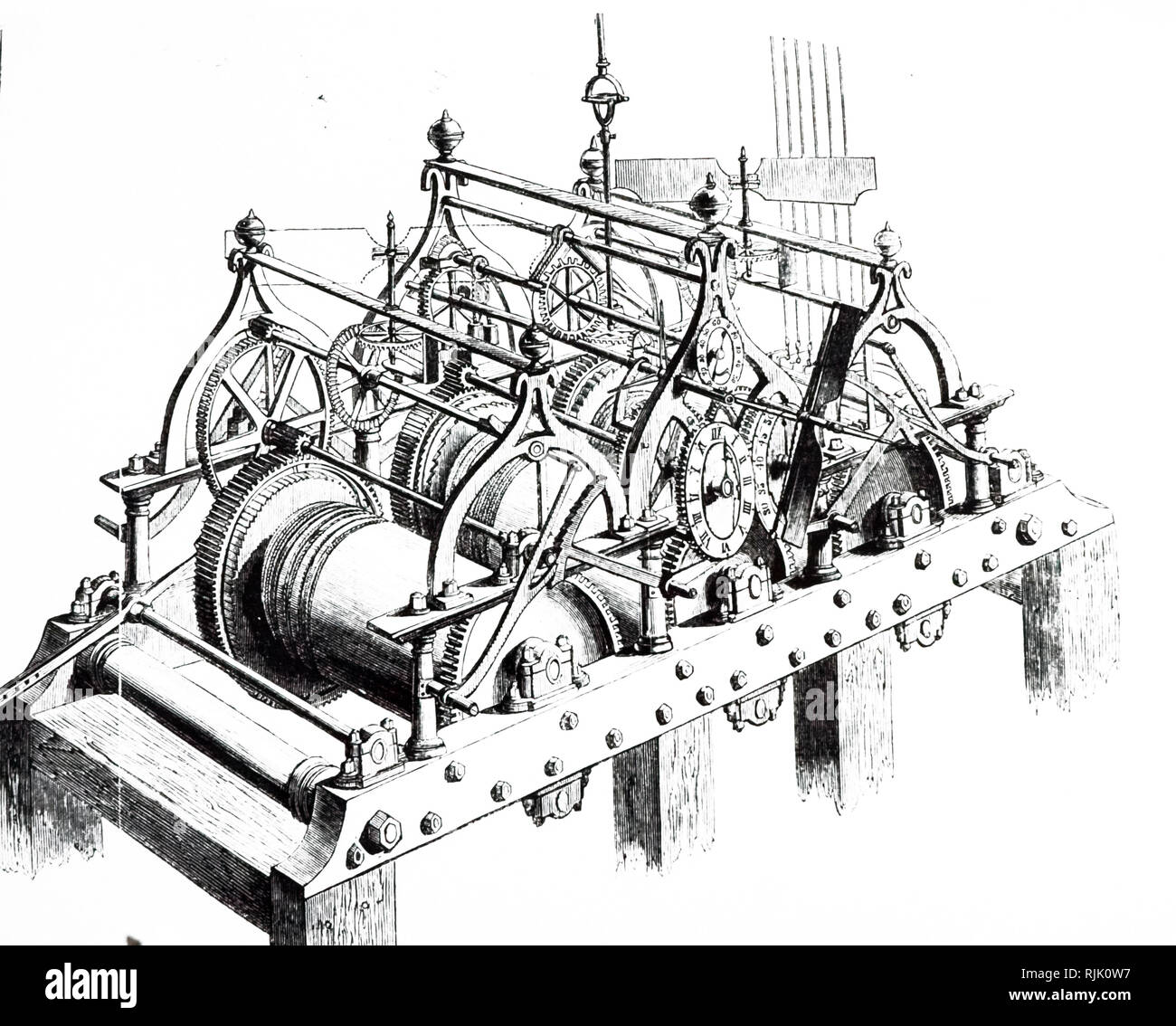 An engraving depicting a large clock tower clock, driven by weights ...