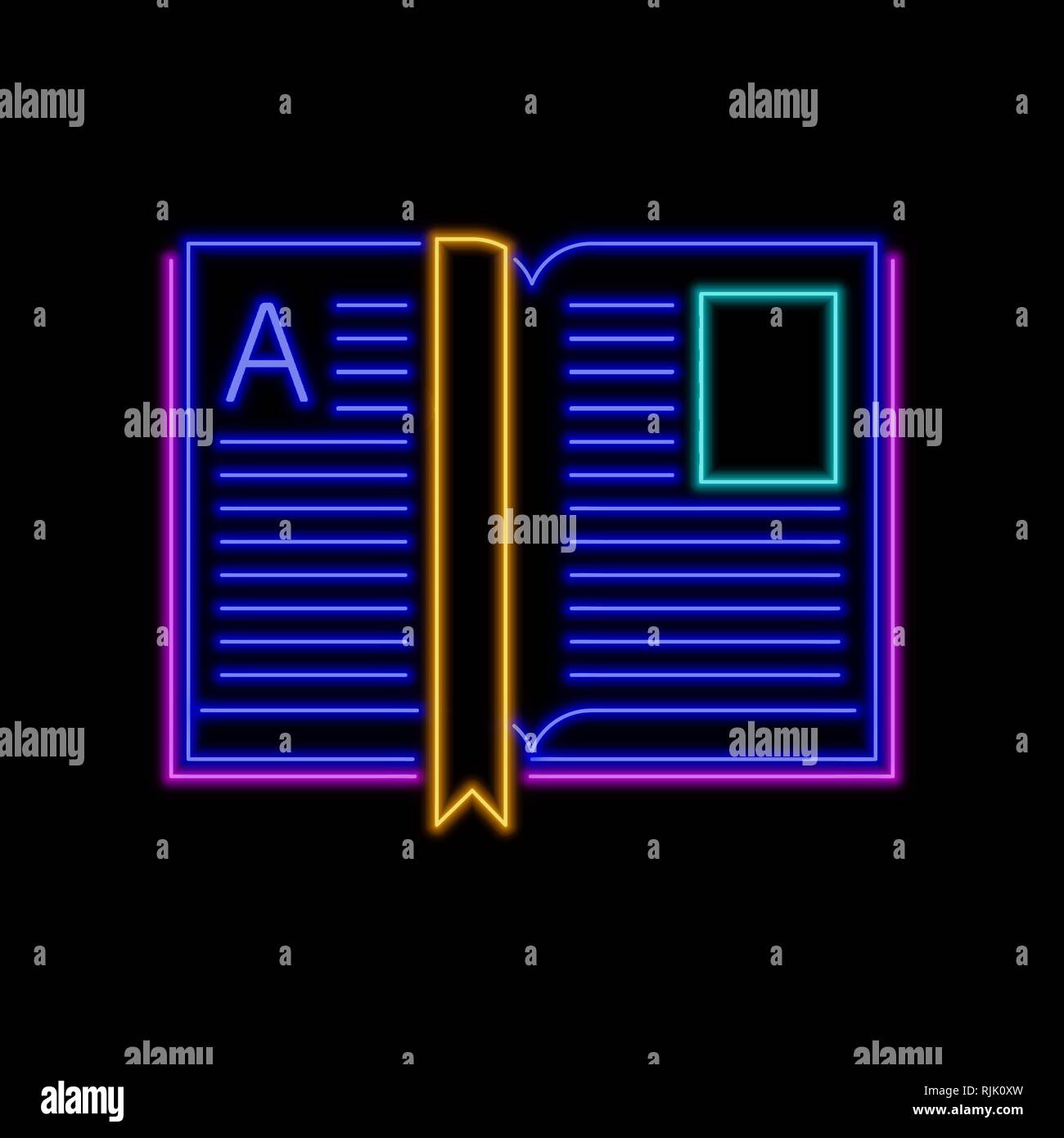 Open book neon sign. Bright glowing symbol on a black background. Neon ...
