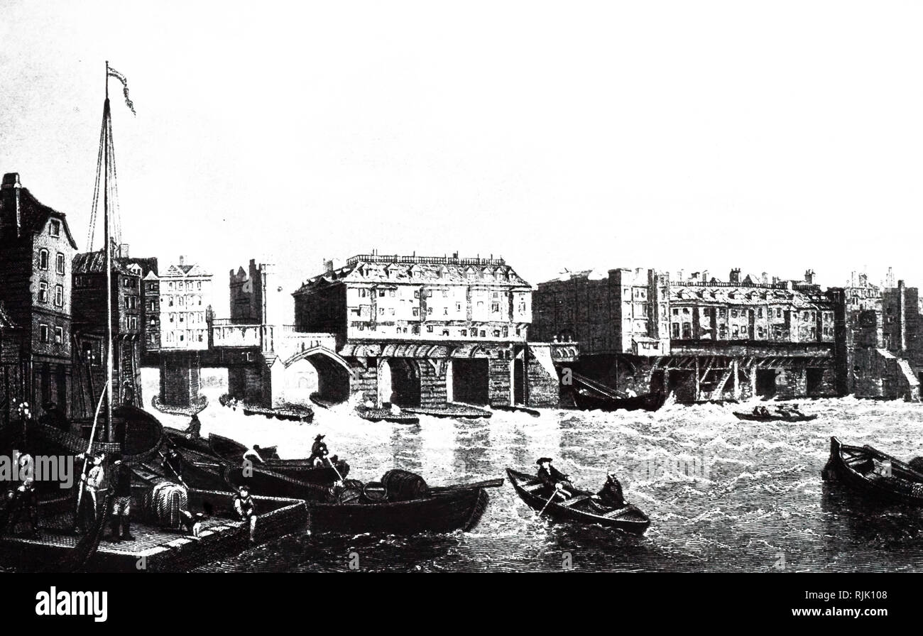 An engraving depicting a view of London Bridge in 1745. Dated 18th ...