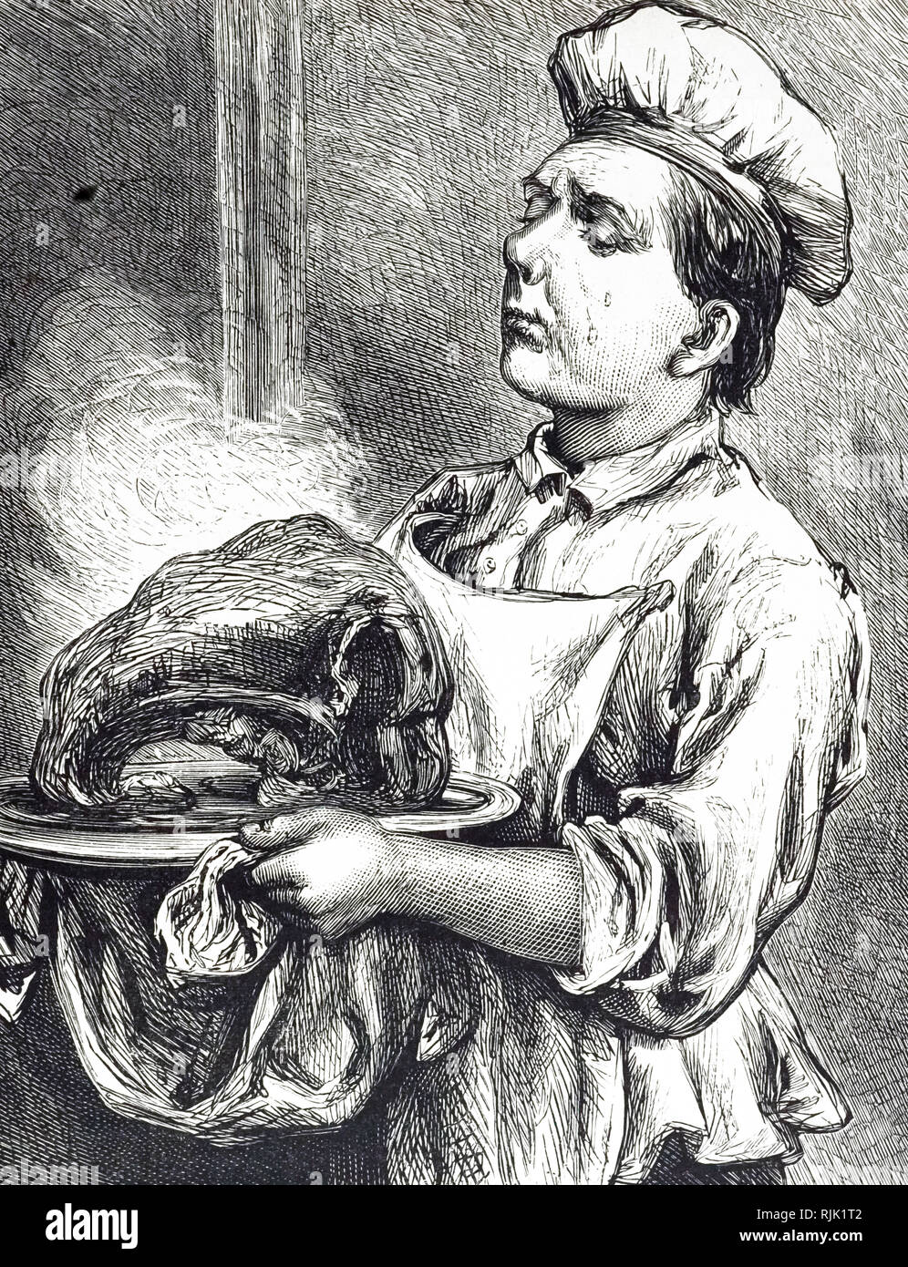An engraving depicting a cook carrying a dish of roast ribs of beef ...