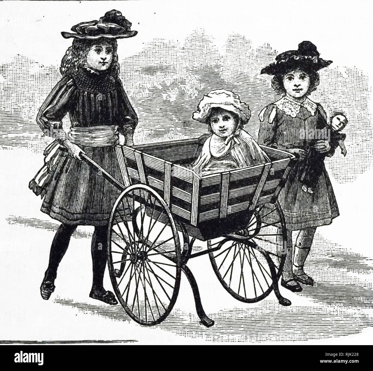 An engraving depicting a cart for carrying children. Dated 19th century ... An engraving depicting a cart for carrying children. Dated 19th century ...