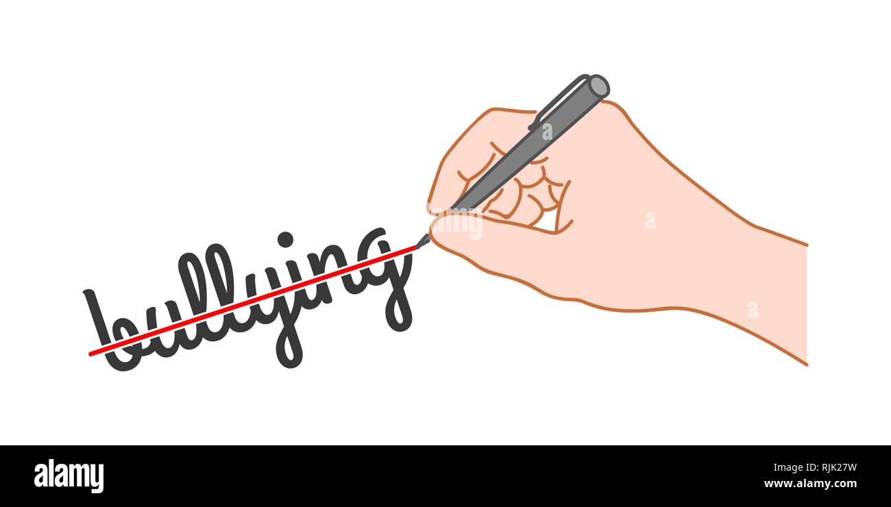Hand with a pen crossed out the word "bullying". Hand drawn style ...