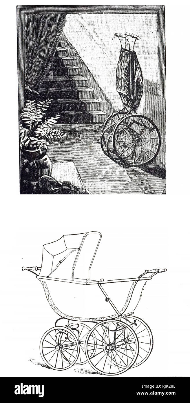 An engraving depicting a folding perambulator which weighed in the ...