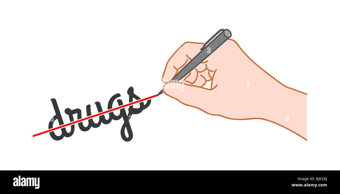Hand with a pen crossed out the word "drugs". Hand drawn style ...