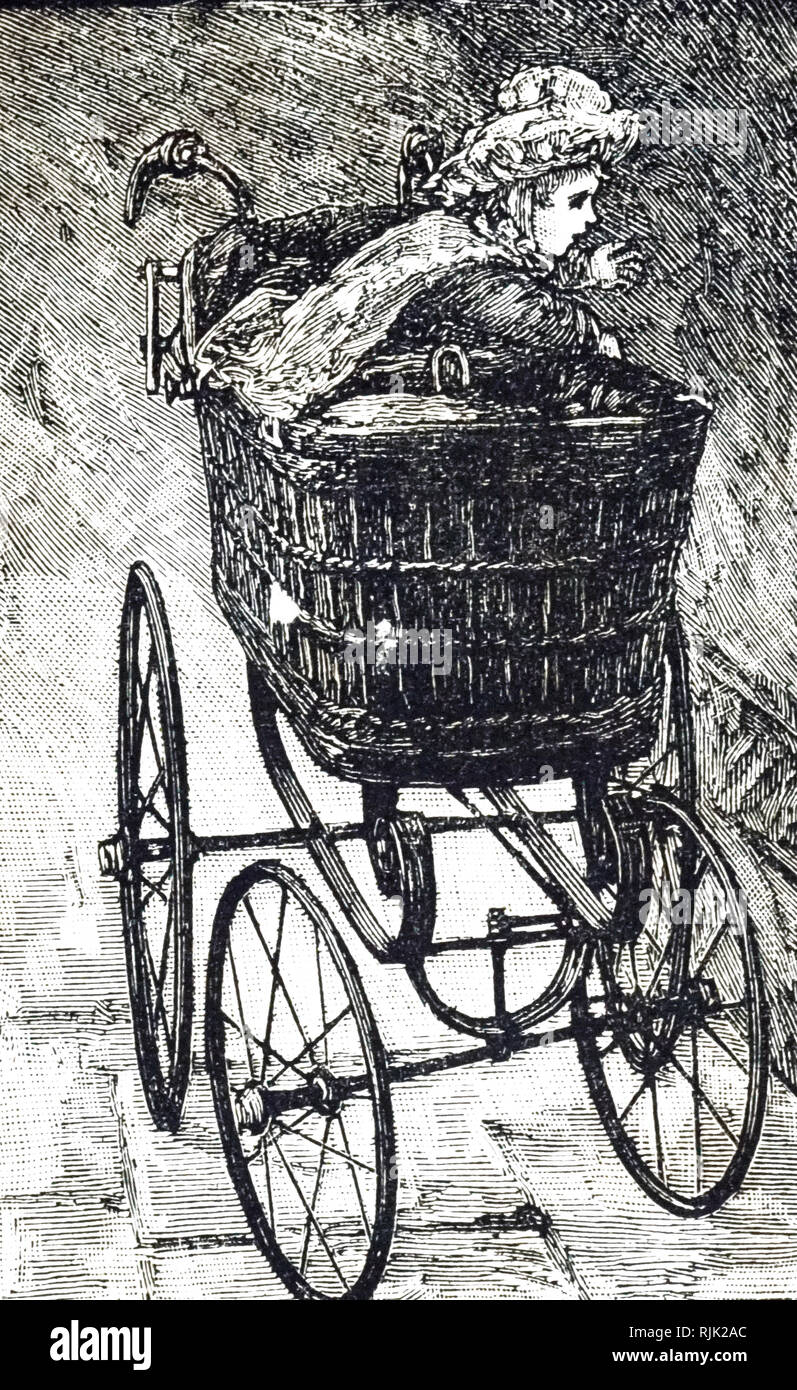 An engraving depicting a steerable perambulator which weighed in the ...