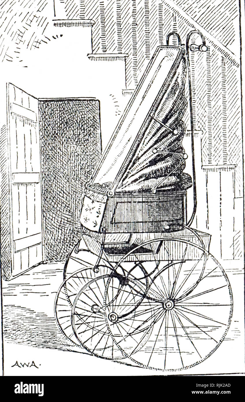 An engraving depicting a folding perambulator which weighed in the ...