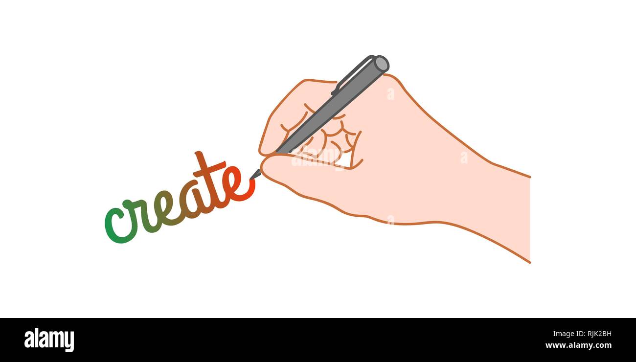 Hand with a pen writing word "create". Hand drawn style illustration ...