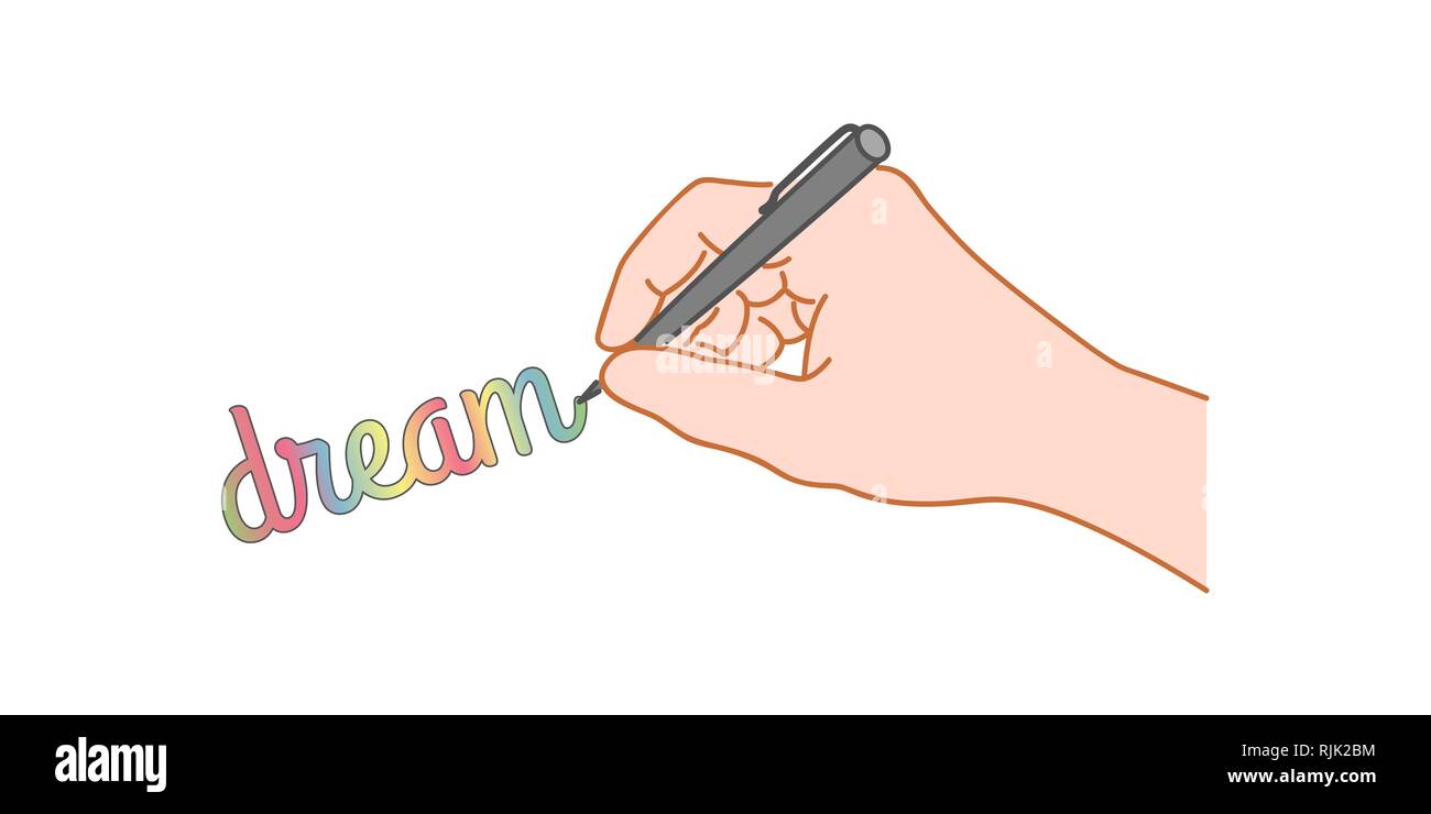 Hand with a pen writing word "dream". Hand drawn style illustration ...
