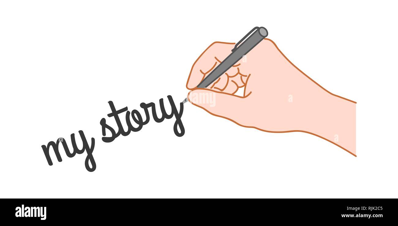 Hand with a pen writing word "my story". Hand drawn style illustration ...
