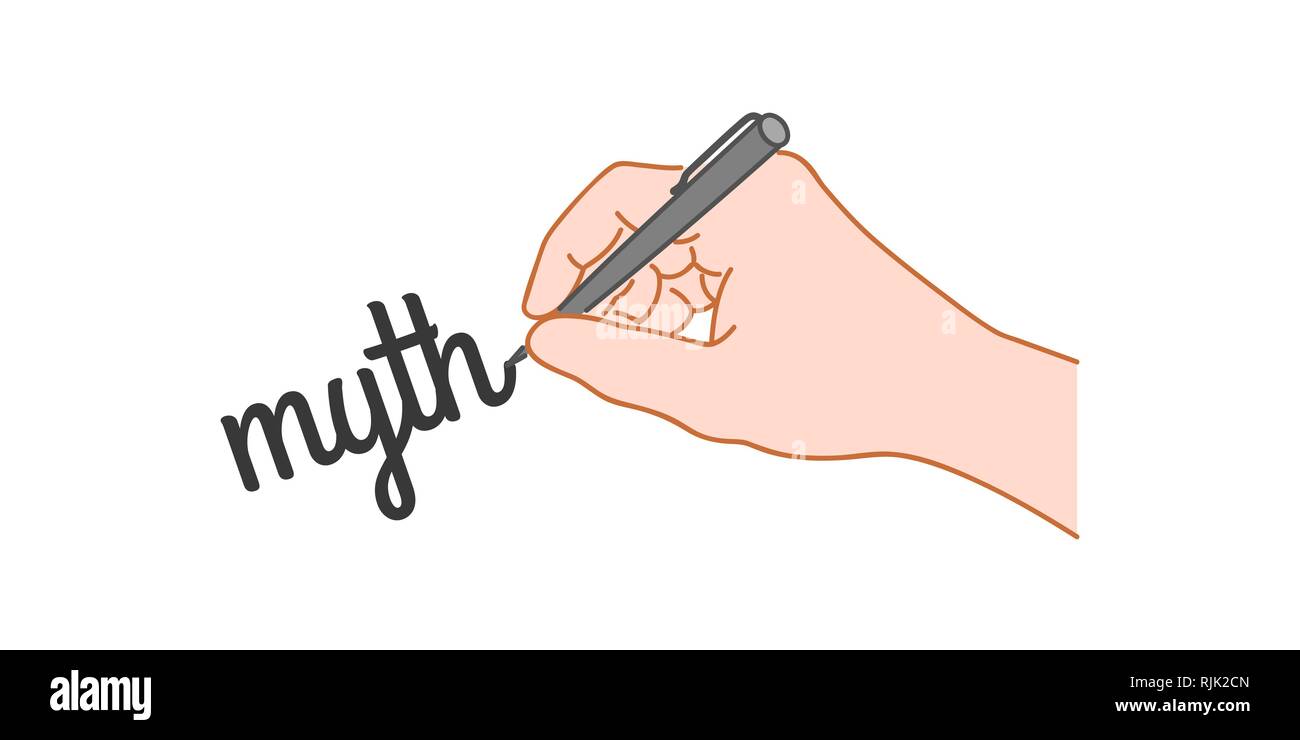 Hand with a pen writing word "myth". Hand drawn style illustration ...