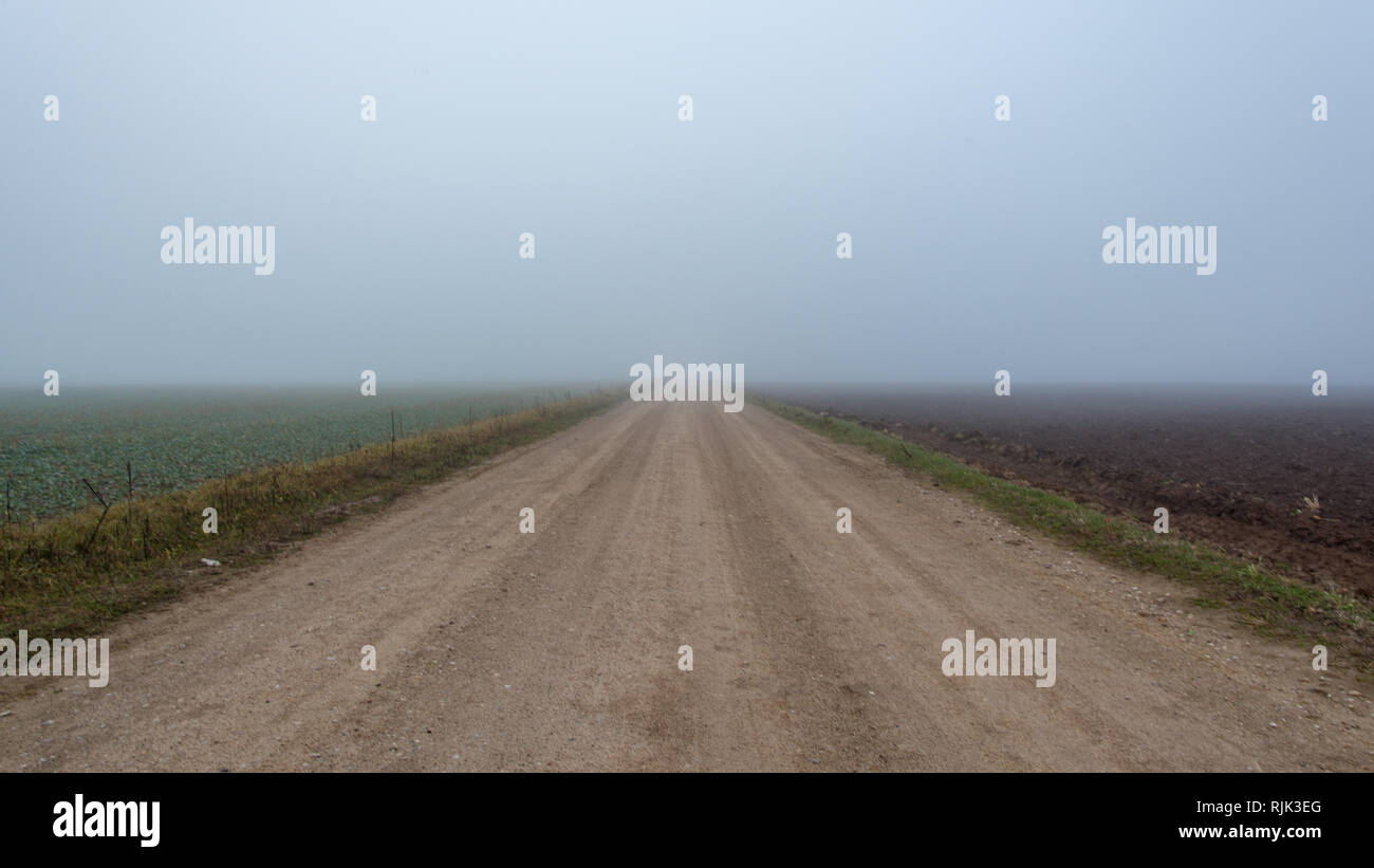 empty country gravel road with mud puddles and bumps. dirty road surface with sand and small ...