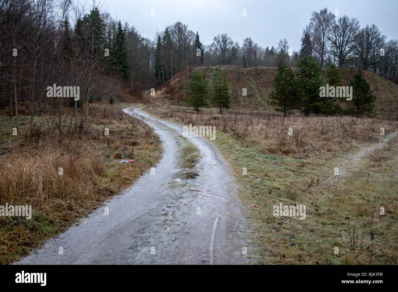 empty country gravel road with mud puddles and bumps. dirty road surface with sand and small ...