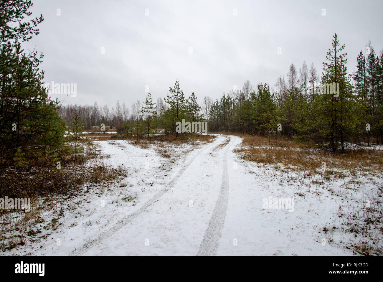 empty country gravel road with mud puddles and bumps. dirty road ...