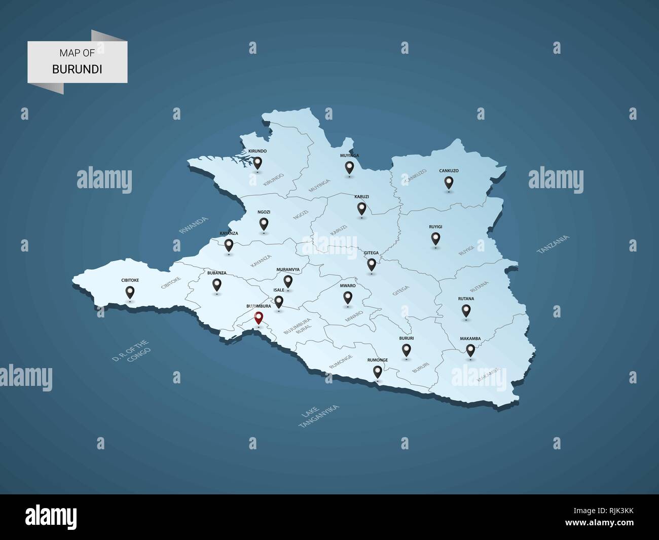 Isometric 3D Burundi map, vector illustration with cities, borders ...