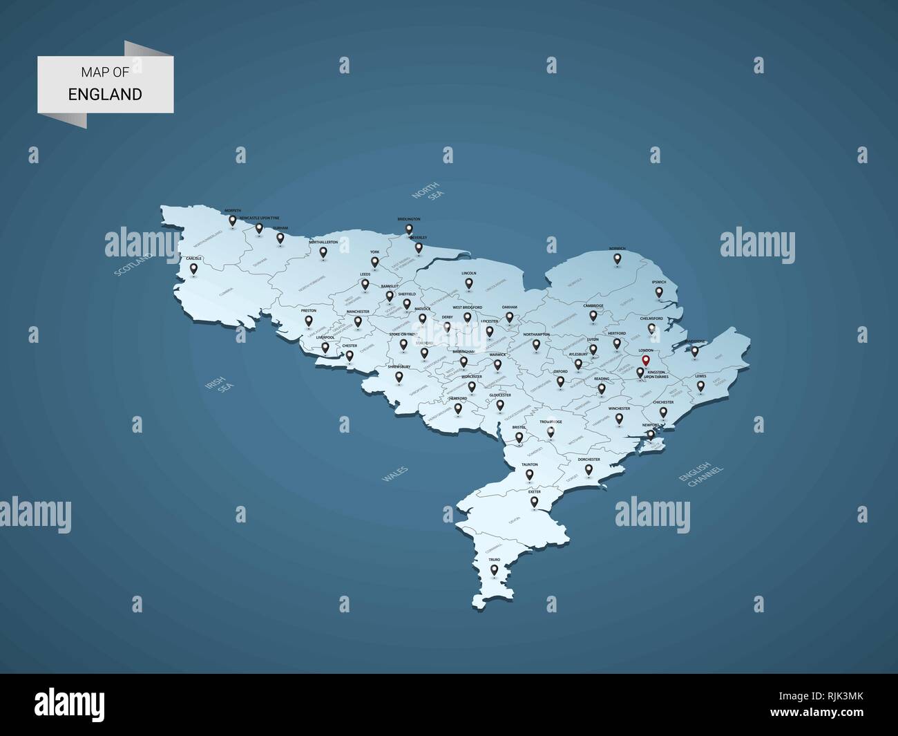 Isometric 3D England map, vector illustration with cities, borders ...