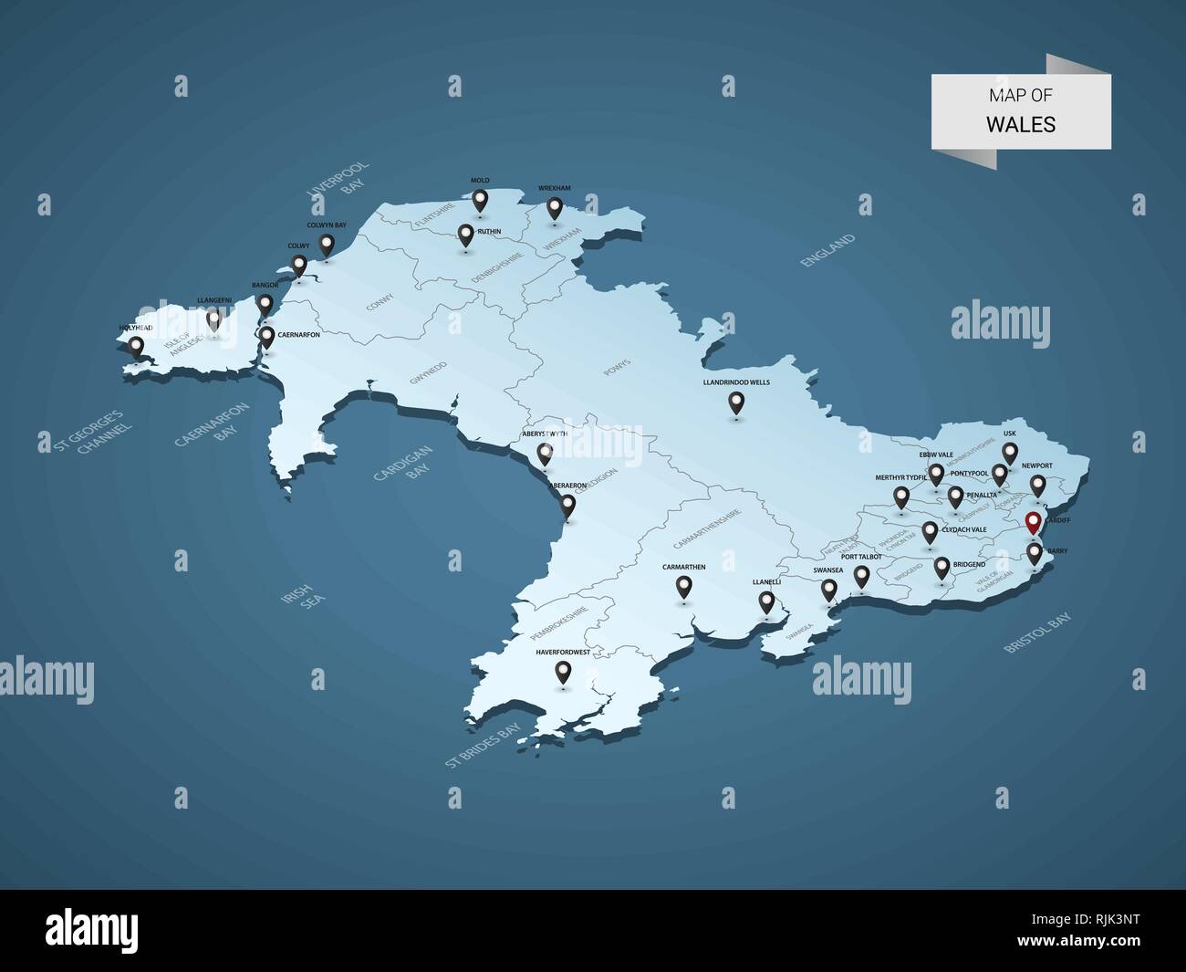 Isometric 3D Wales map, vector illustration with cities, borders ...