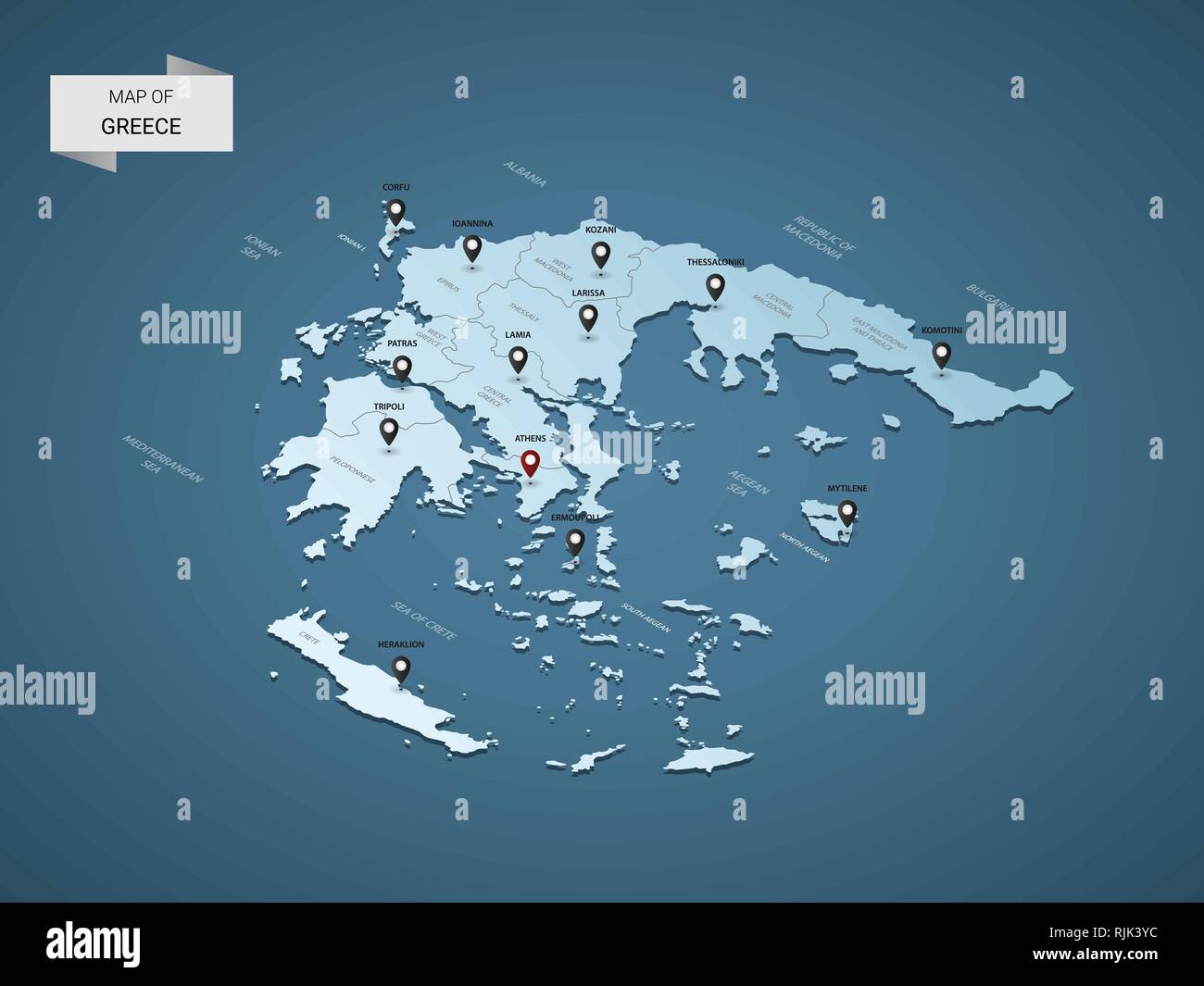 Isometric 3D Greece map, vector illustration with cities, borders ...