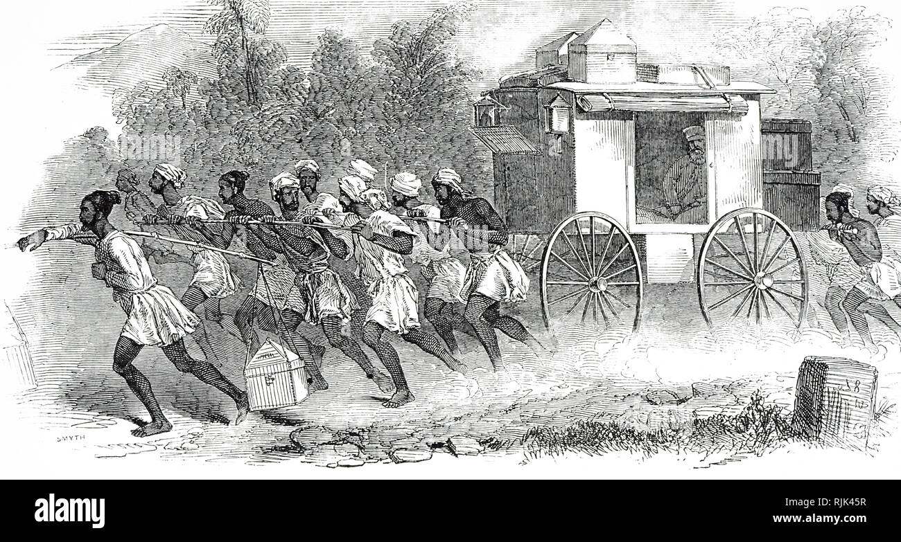 An engraving depicting a palanquin, a covered litter for one passenger ...