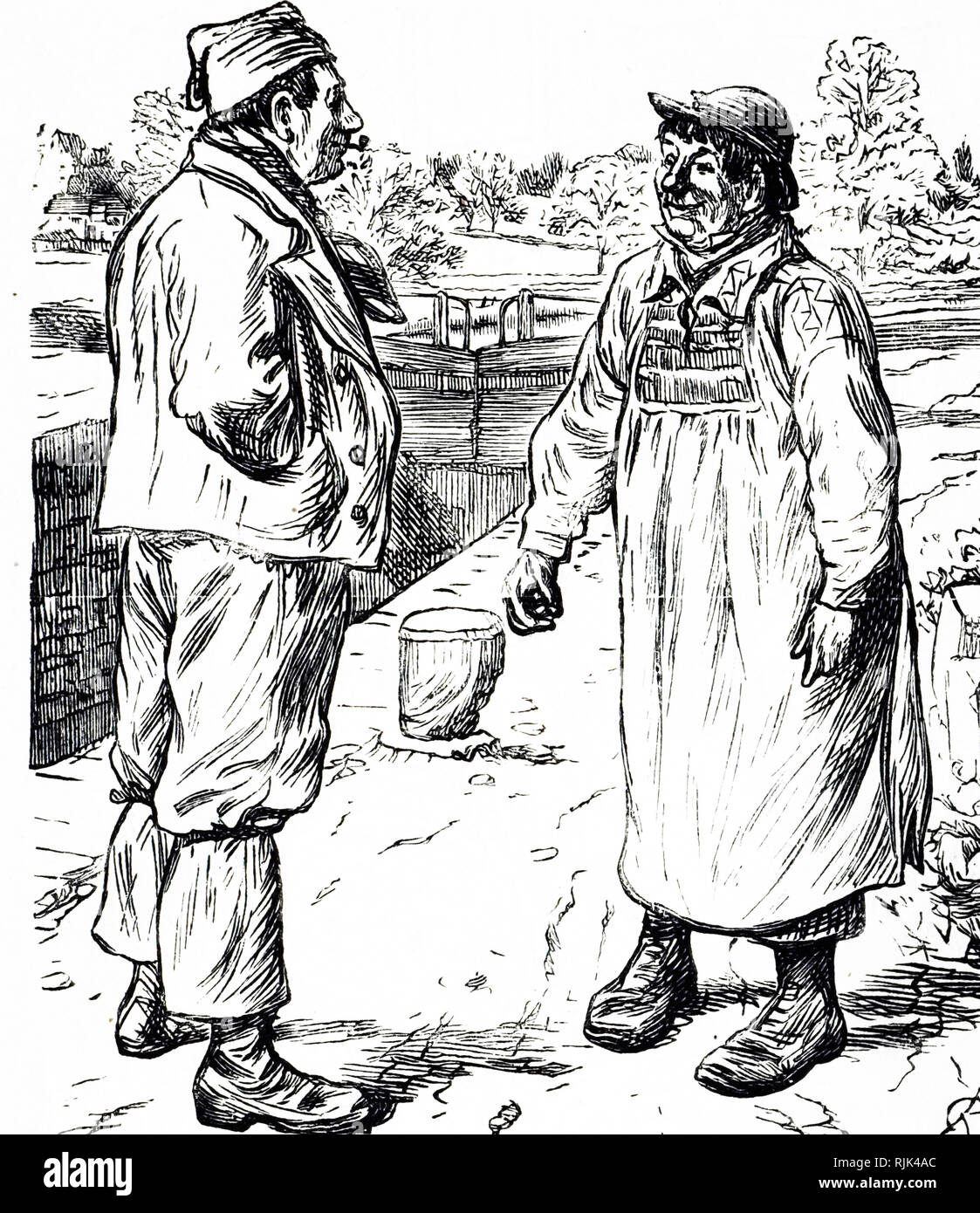 Engraving depicting two Dutch peasants in conversation next to a canal ...