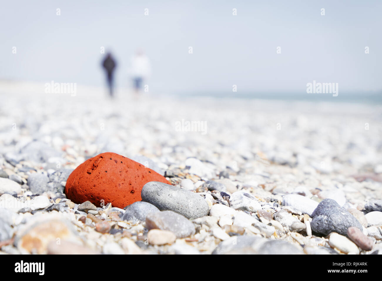 Bright stone beach with a striking red stone in the focus area, behind ...