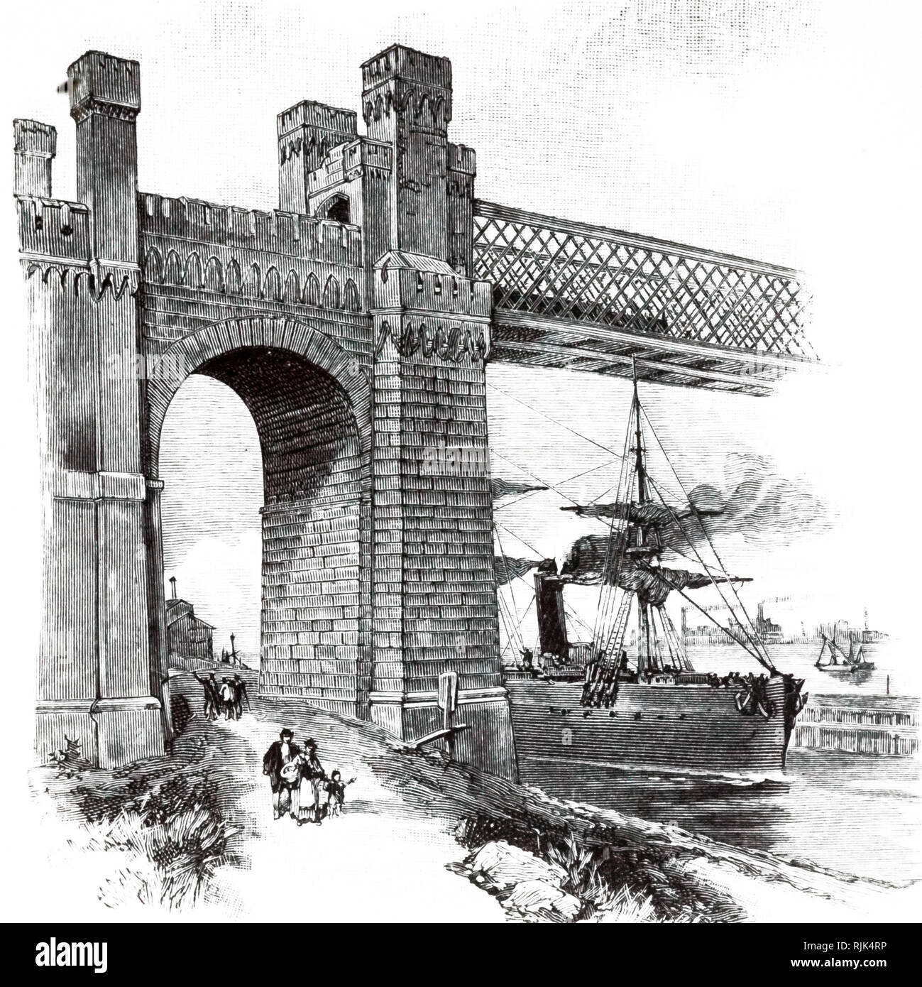 An engraving depicting the Runcorn railway viaduct over the Manchester ...