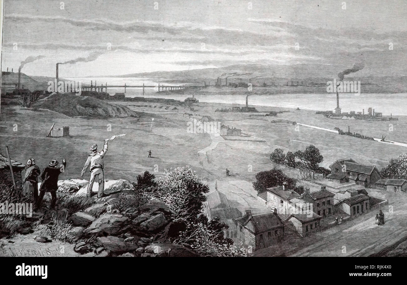 An engraving depicting the Runcorn railway viaduct over the Manchester ...