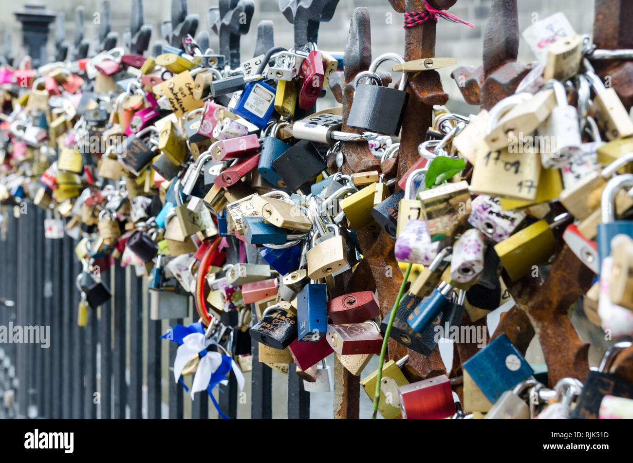 Love locks on railing near Charles Bridge, Prague, Czech Republic Stock ...