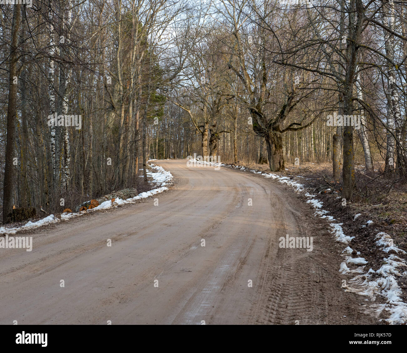 empty country gravel road with mud puddles and bumps. dirty road ...