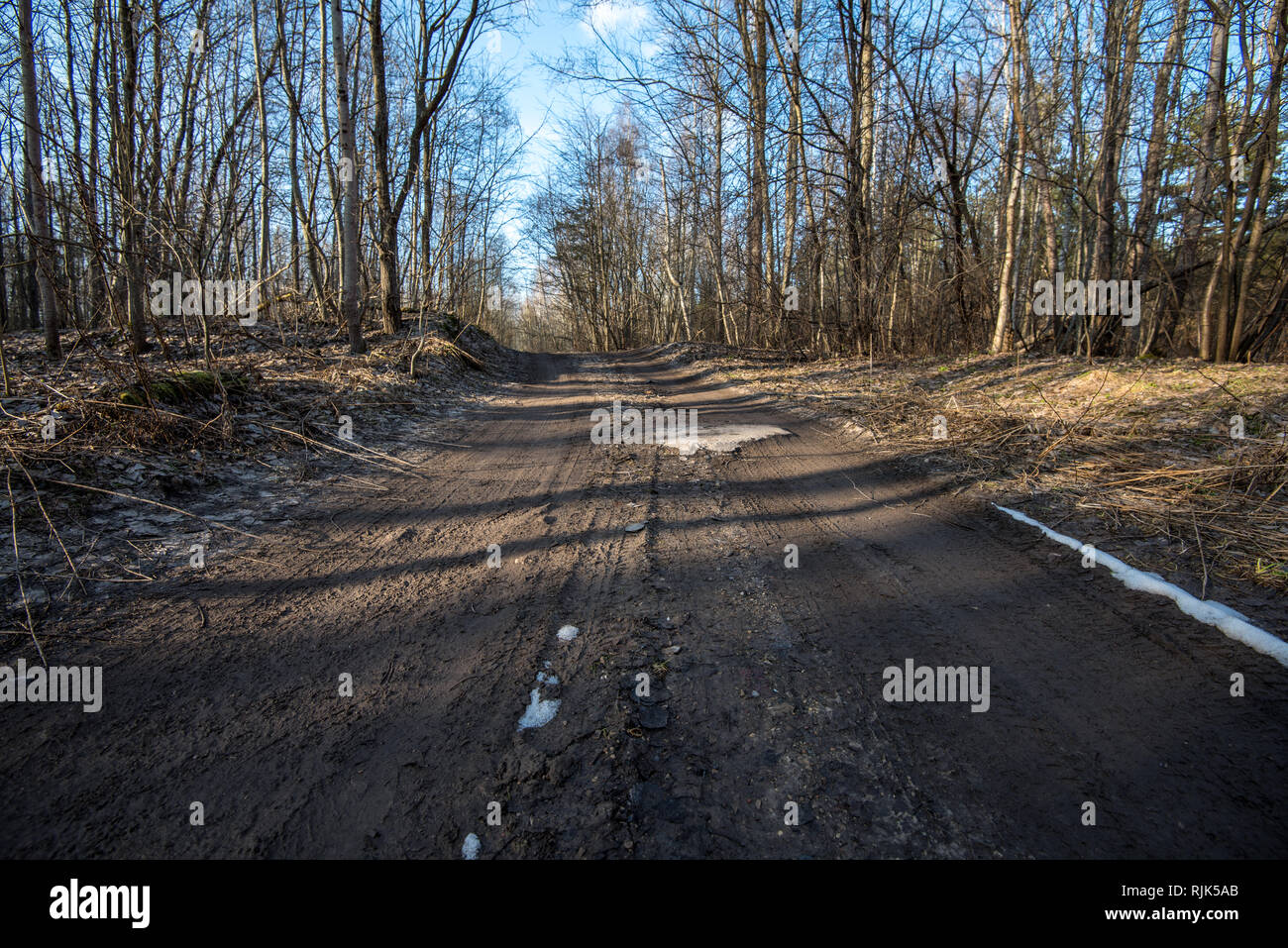 empty country gravel road with mud puddles and bumps. dirty road surface with sand and small ...
