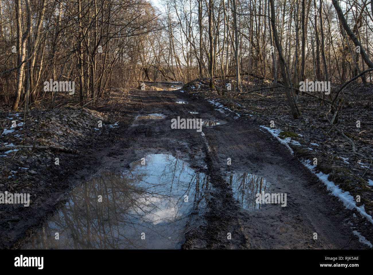 empty country gravel road with mud puddles and bumps. dirty road ...