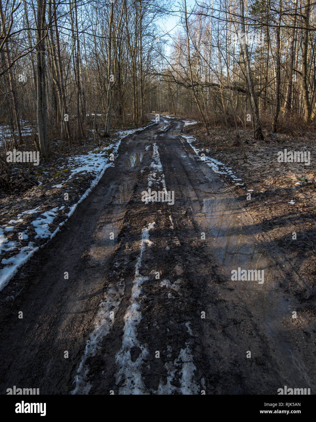 empty country gravel road with mud puddles and bumps. dirty road surface with sand and small ...