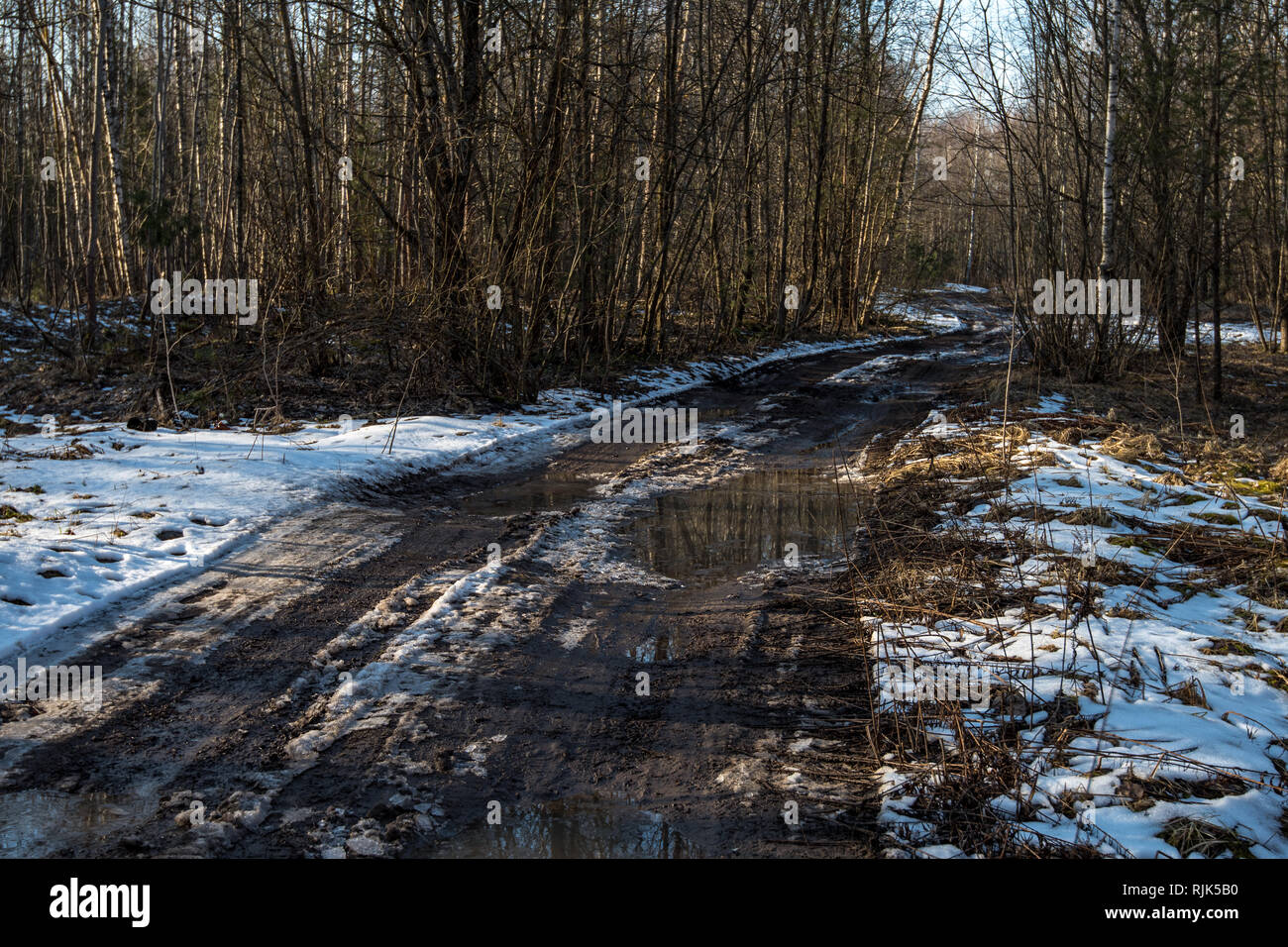 empty country gravel road with mud puddles and bumps. dirty road ...