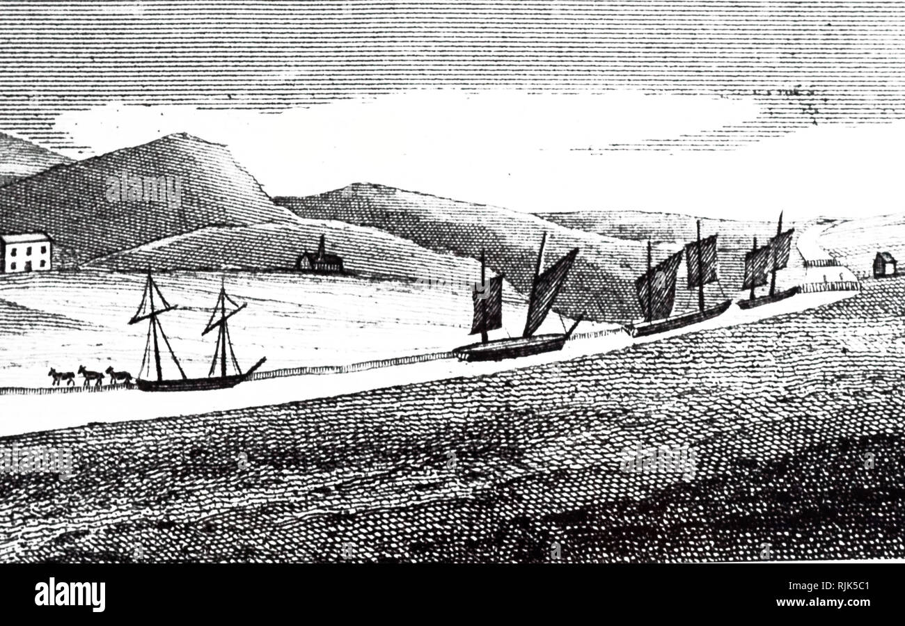 An engraving depicting the Forth & Clyde Ship Canal. Dated 19th century ...