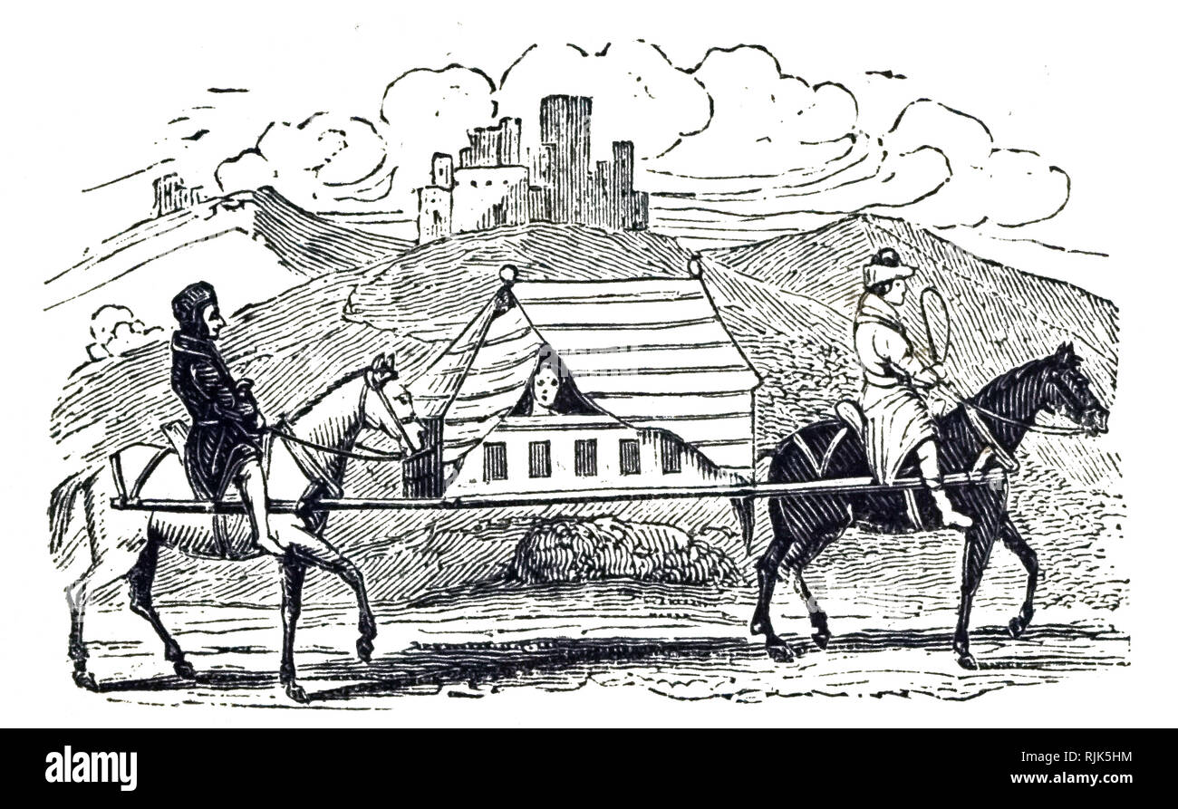 An engraving depicting a 14th-century horse-drawn litter used in ...