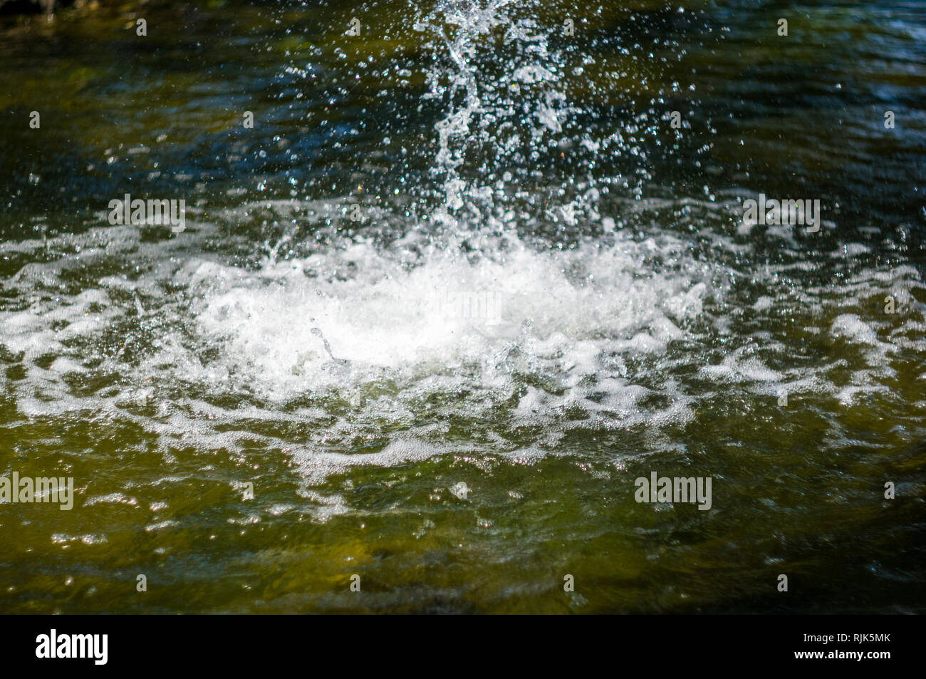 transparent falling water vertical flows against a blue sky and green ...