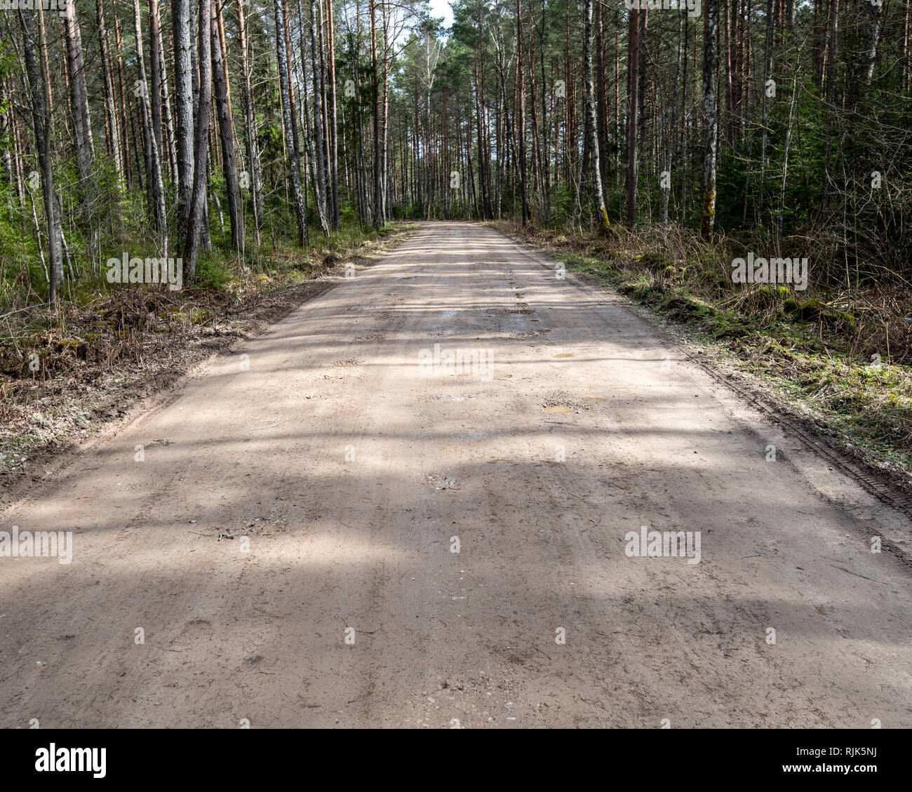 empty country gravel road with mud puddles and bumps. dirty road ...