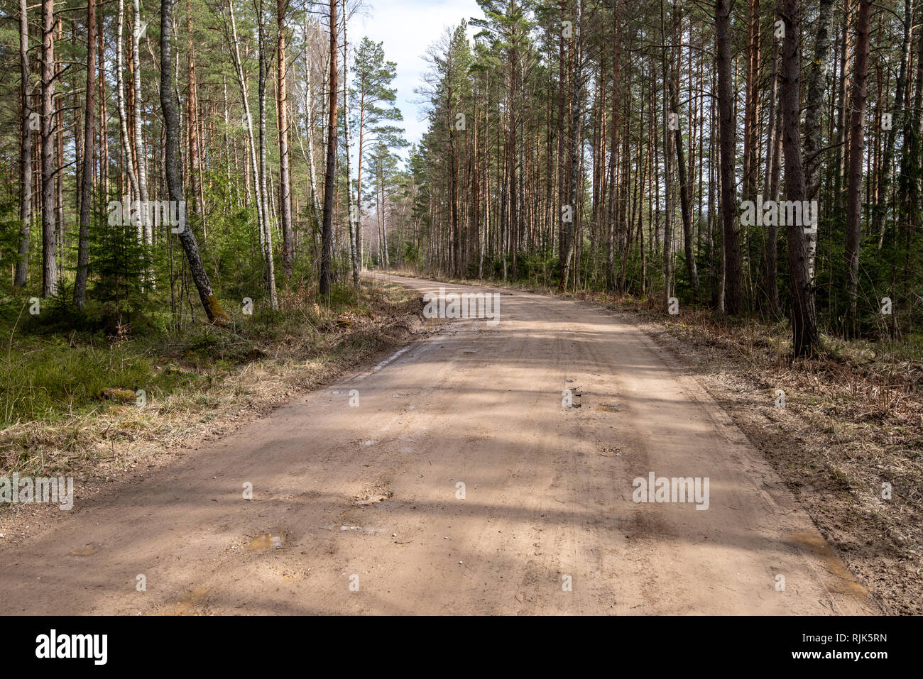 empty country gravel road with mud puddles and bumps. dirty road ...