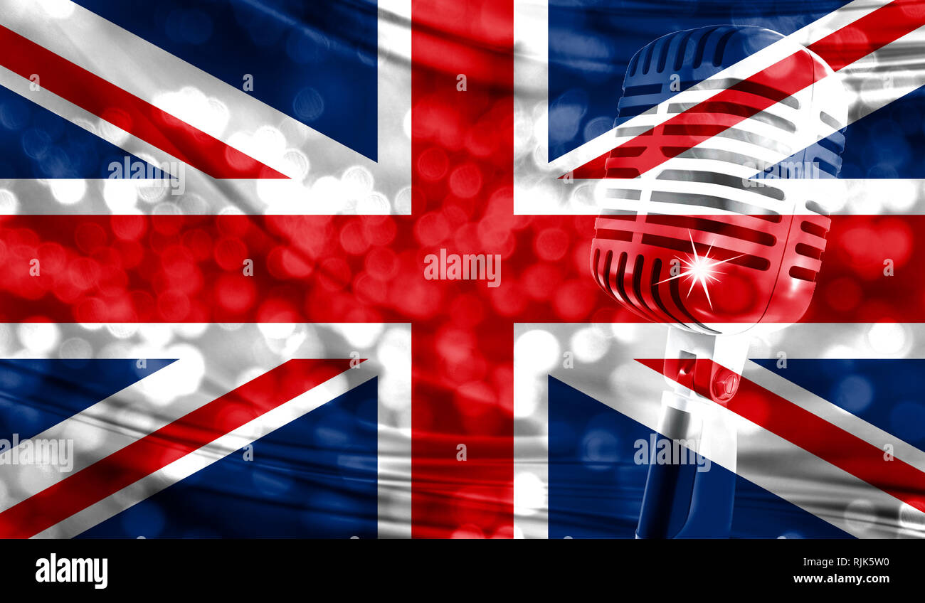 Microphone on a background of a blurry United Kingdom flag close-up ...