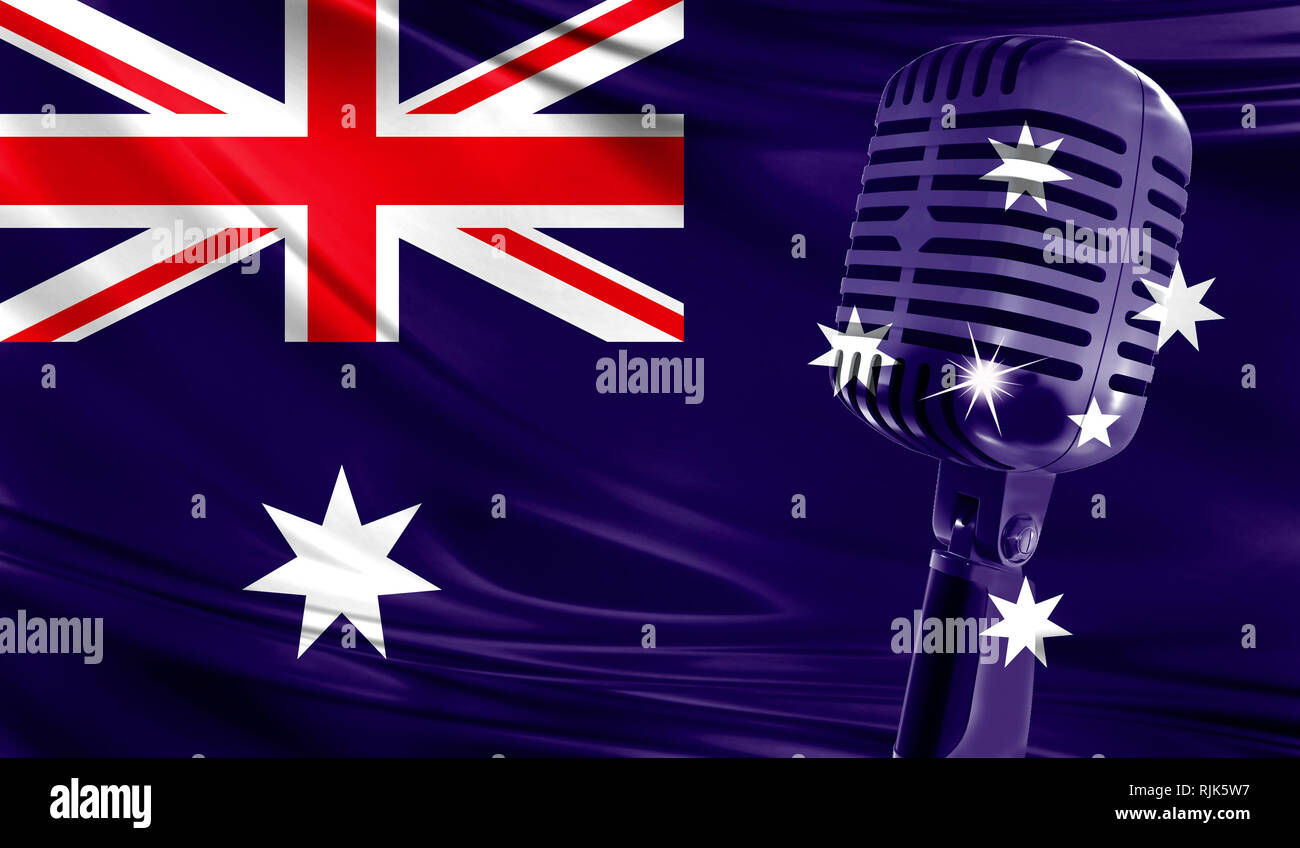 Microphone on fabric background of flag of Australia close-up Stock ...