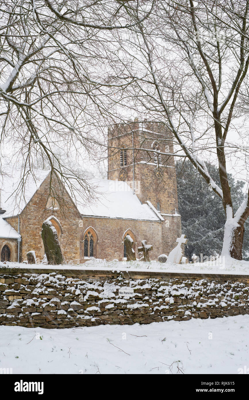 St Mary Magdalene church in the winter snow. Adlestrop. Cotswolds ...