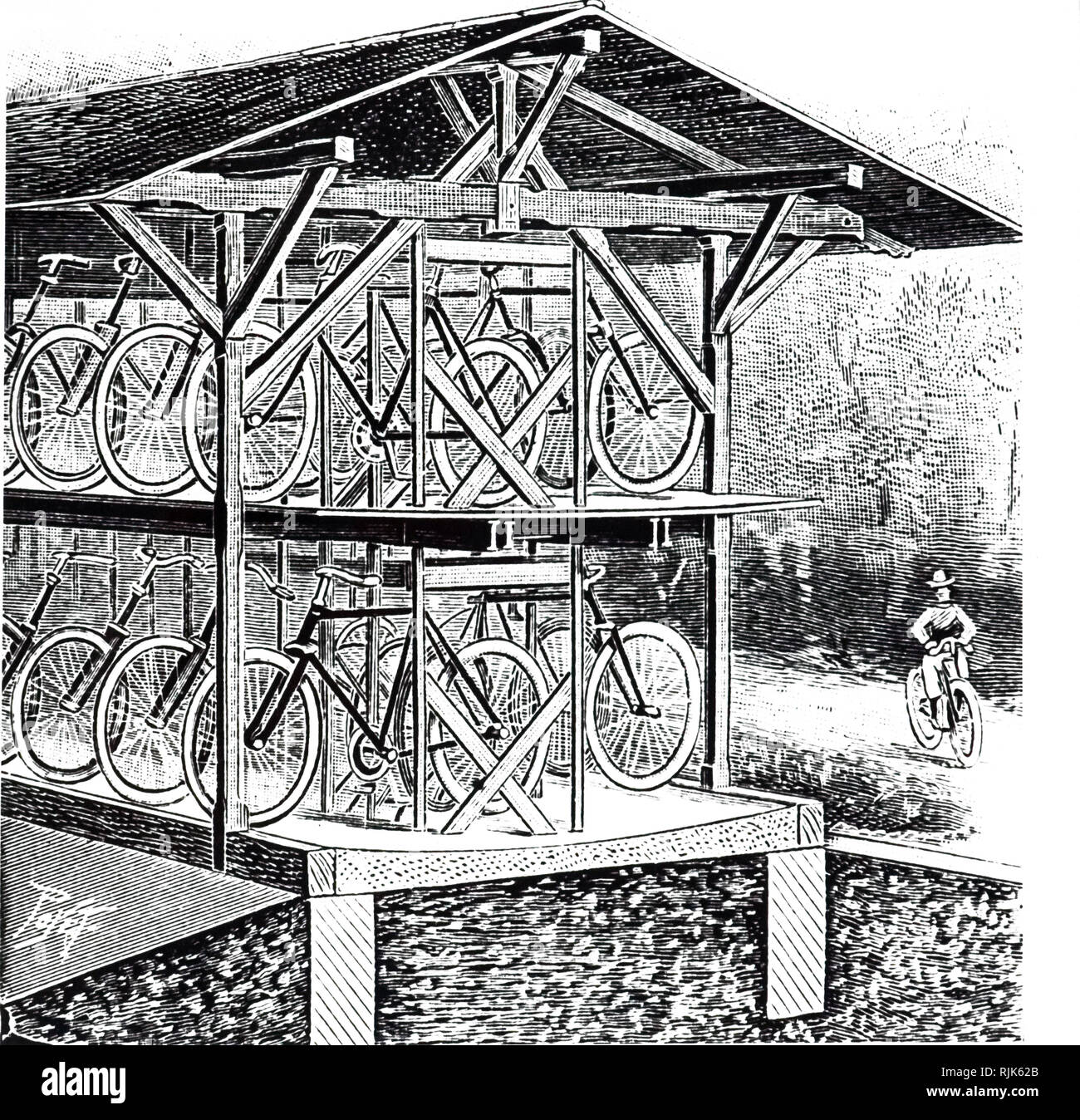 An engraving depicting a bicycle shed at a Borsig factory in Germany ...