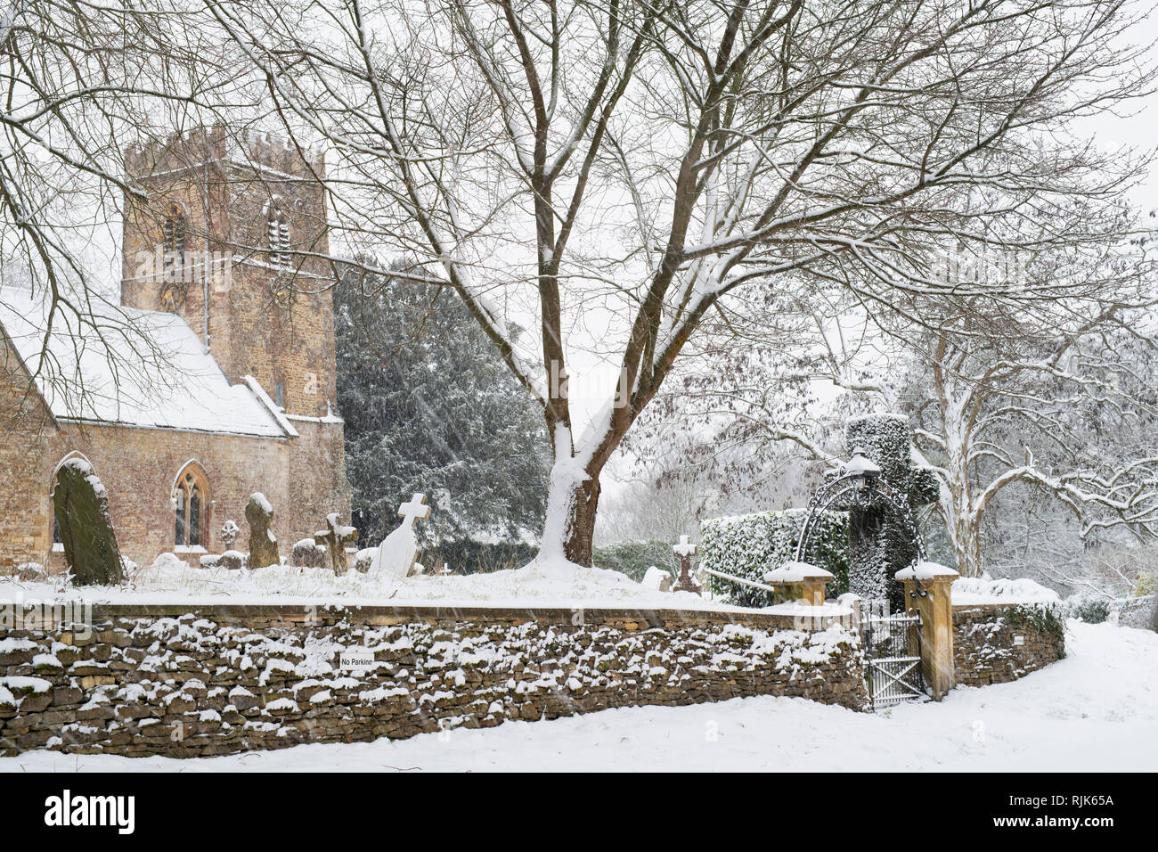 St Mary Magdalene church in the winter snow. Adlestrop. Cotswolds ...