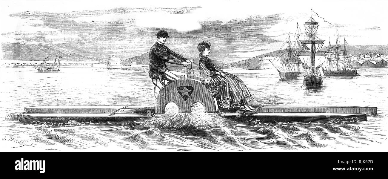 An engraving depicting a water velocipede with two wheels, designed by ...