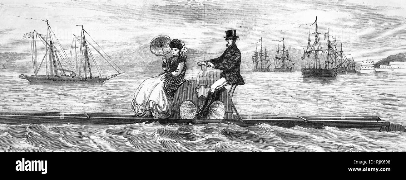 An engraving depicting a water velocipede with a single wheel, designed ...