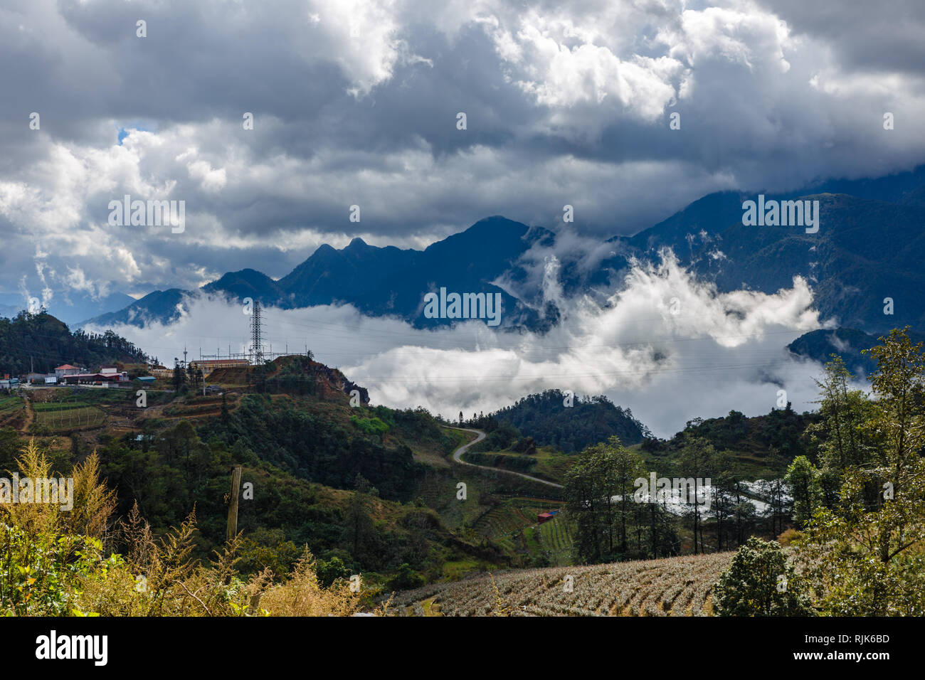 Sapa city in fog and clouds. Neighborhood of the city of Sapa, Lao Cai ...