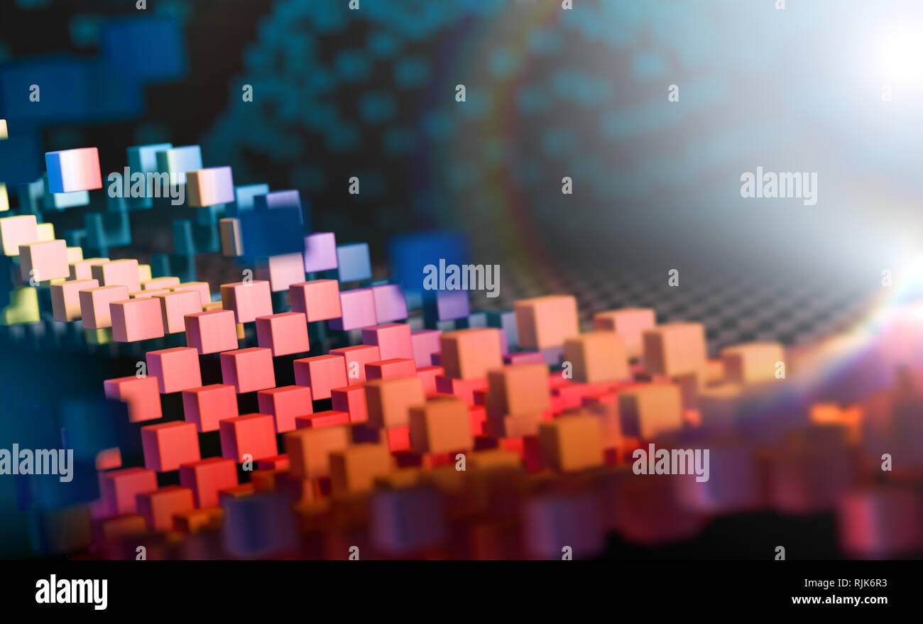 Abstract colorful pixels and cubes in dark space background.3d ...