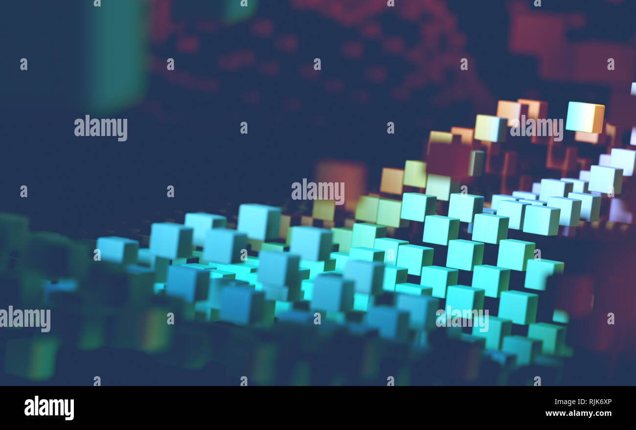 Abstract colorful pixels and cubes in dark space background.3d ...