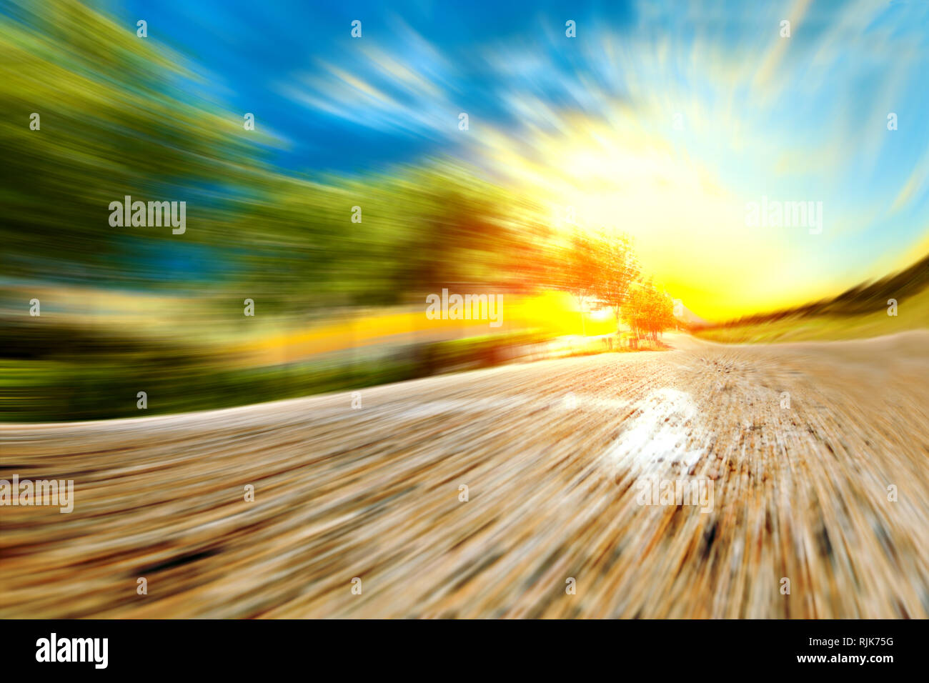 Road and speed concept.Highway motion background.Sunset landscape and ...